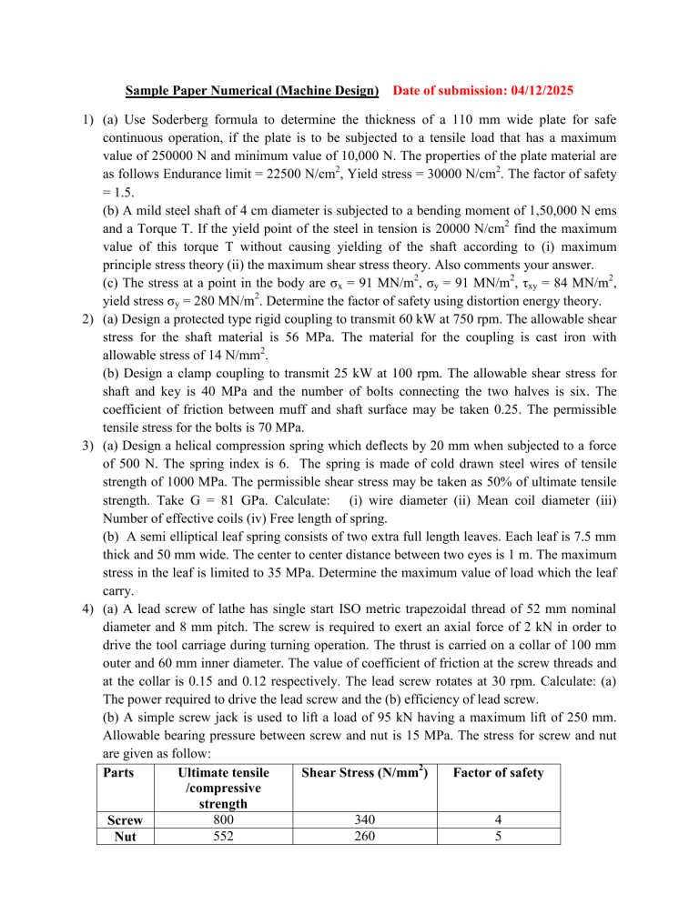 Machine Design Numerical Sample Paper | Engineering Problems