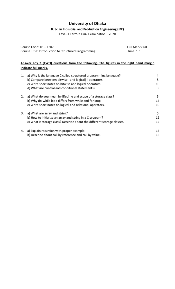 IPE-1207: Intro to Structured Programming Exam, Dhaka University