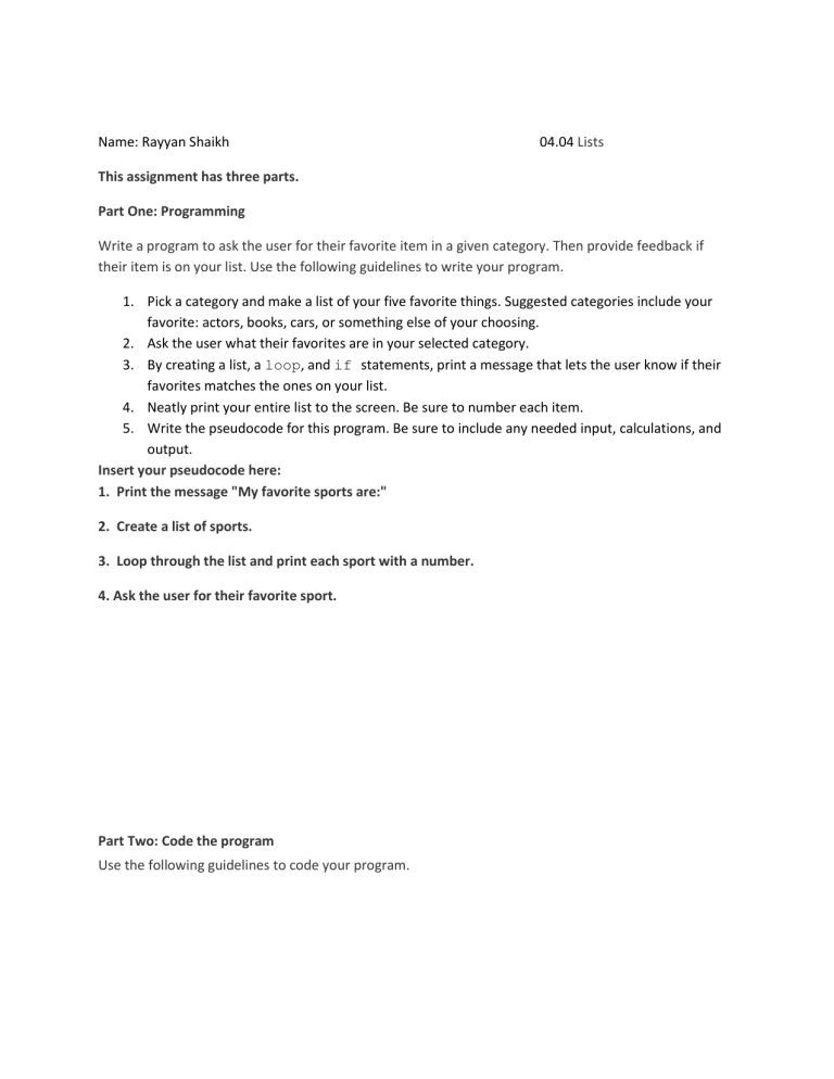 Python Lists Programming Assignment: Favorite Items & Feedback