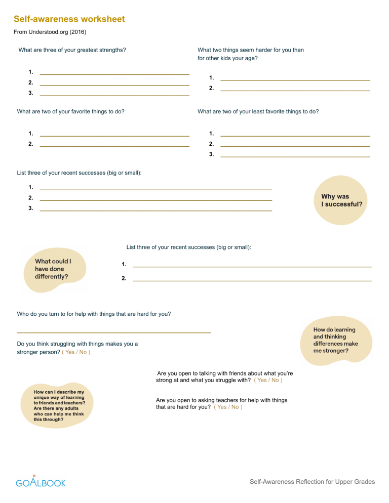 Self-Awareness Worksheet for Upper Grades