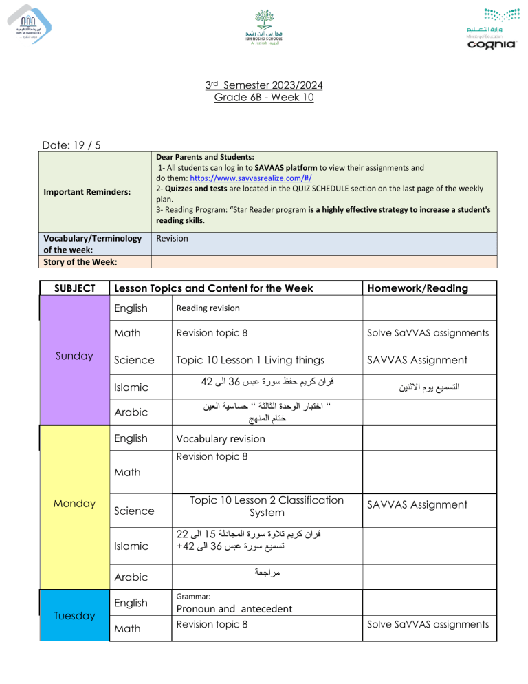 Grade 6B Weekly Plan - Week 10