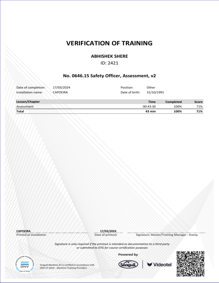 Safety Officer Training Verification - Abhishek Shere Certificate