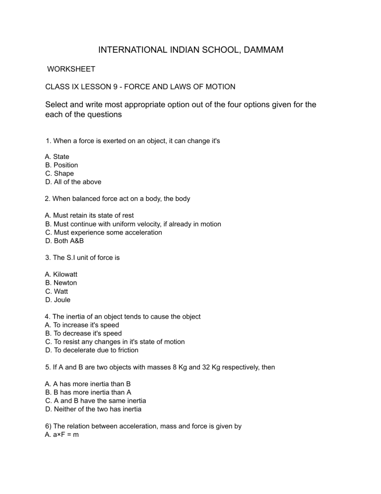 Class 9 Physics Worksheet: Force and Laws of Motion Questions