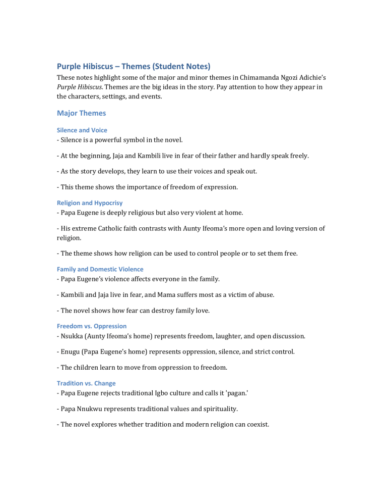 Purple Hibiscus Themes: Student Notes & Literary Analysis Guide