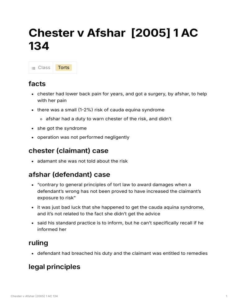 Chester v Afshar [2005] Case Summary: Duty to Warn in Tort Law