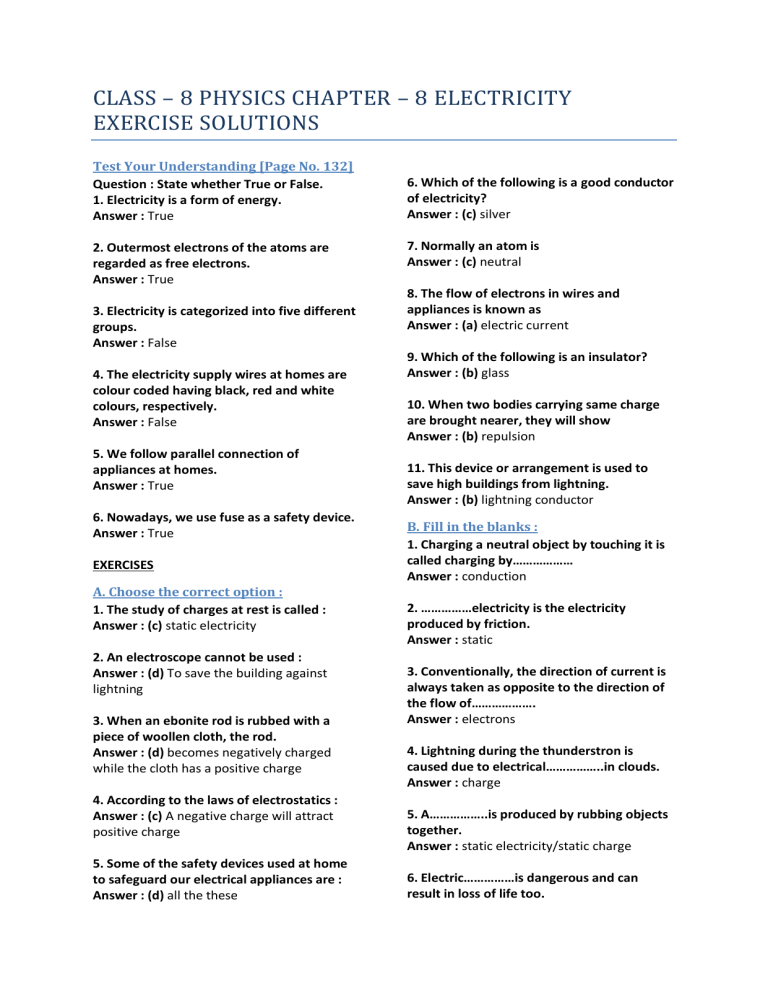 Class 8 Physics: Electricity Exercise Solutions