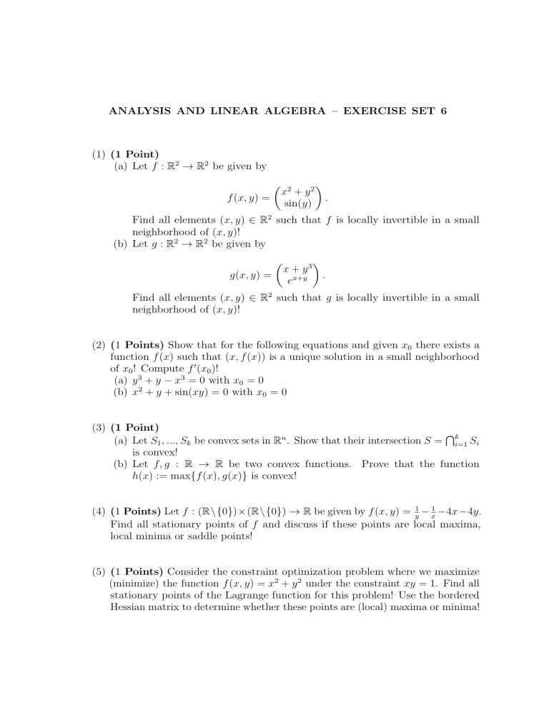 Analysis & Linear Algebra Exercise Set 6