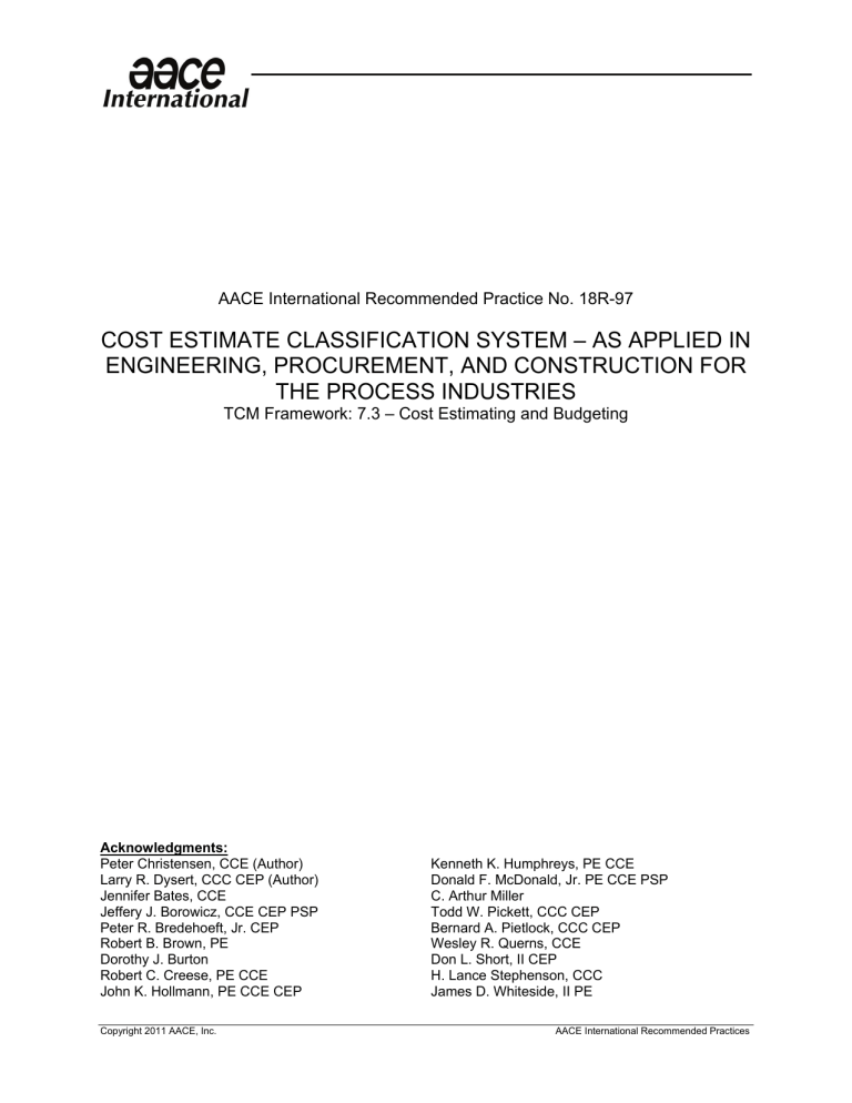 Cost Estimate Classification for Process Industries