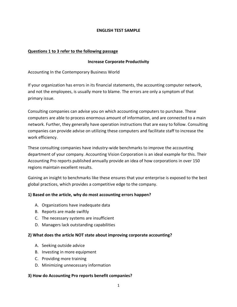 English Test Sample: Reading Comprehension Practice Questions