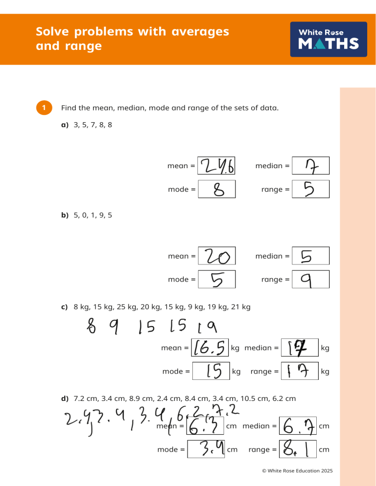 Solve Problems with Averages & Range: Mean, Median, Mode Math Worksheet