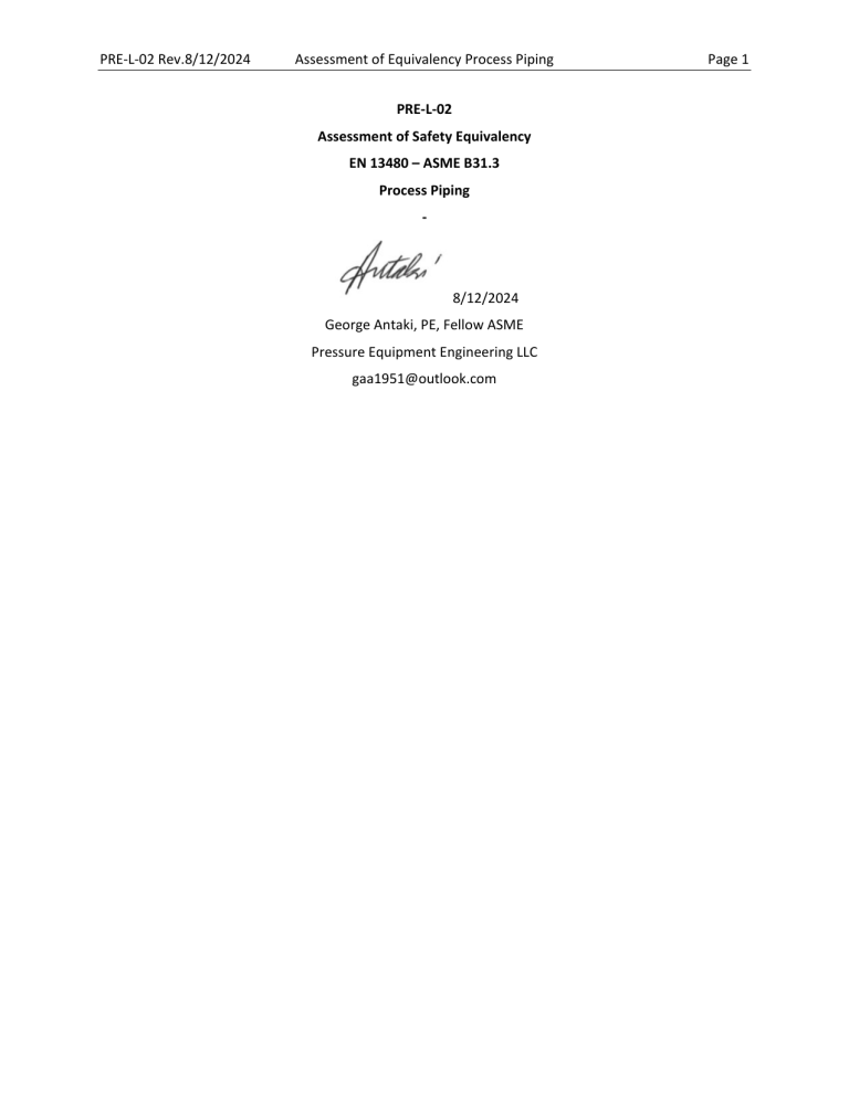 Assessment of Safety Equivalency: EN 13480 vs ASME B31.3 Process Piping
