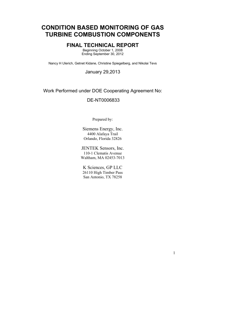 Gas Turbine Combustion Monitoring: Technical Report