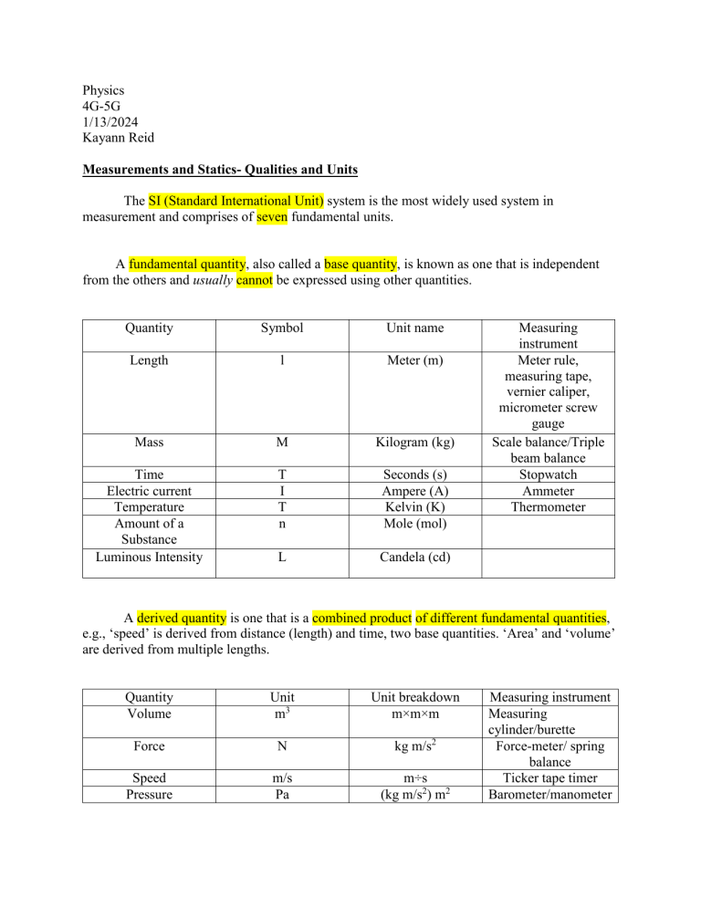 Physics: Measurements, Statics, Units & Forces