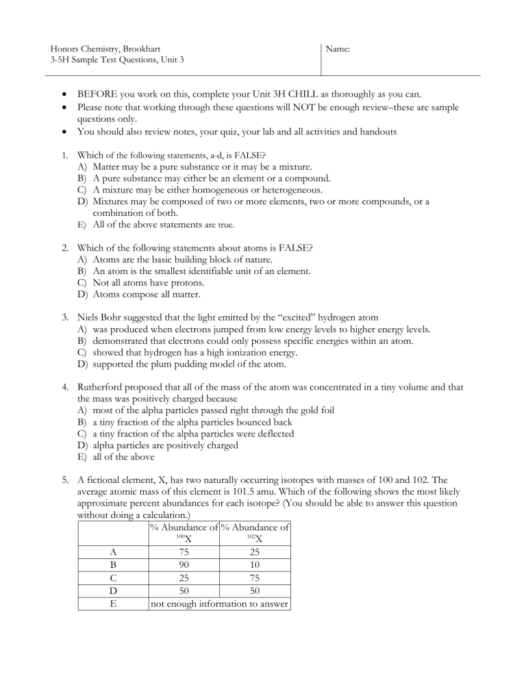 Honors Chemistry Unit 3 Sample Test Questions - Atomic Structure