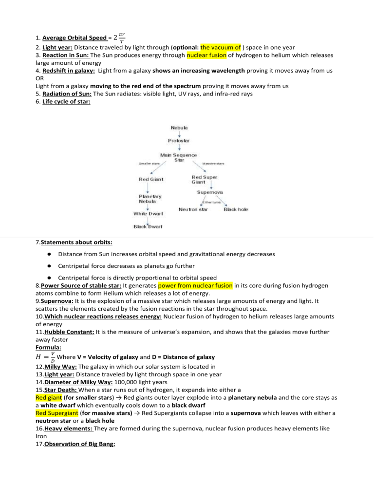 Astronomy Notes: Orbital Speed, Redshift, Stellar Evolution