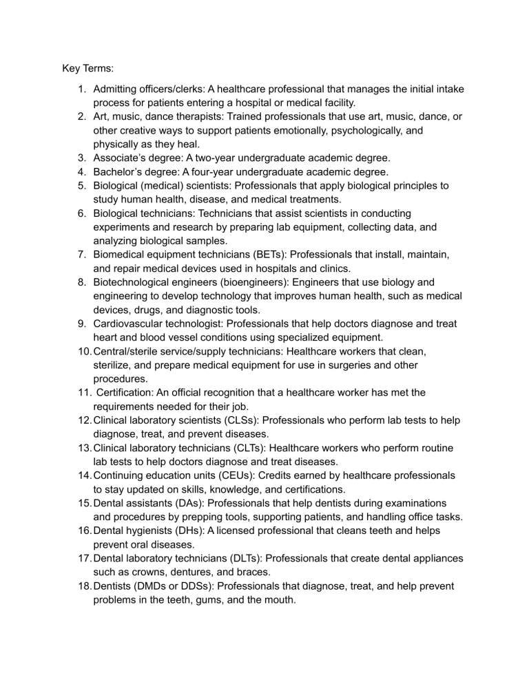Key Terms: Healthcare & Medical Professions Glossary