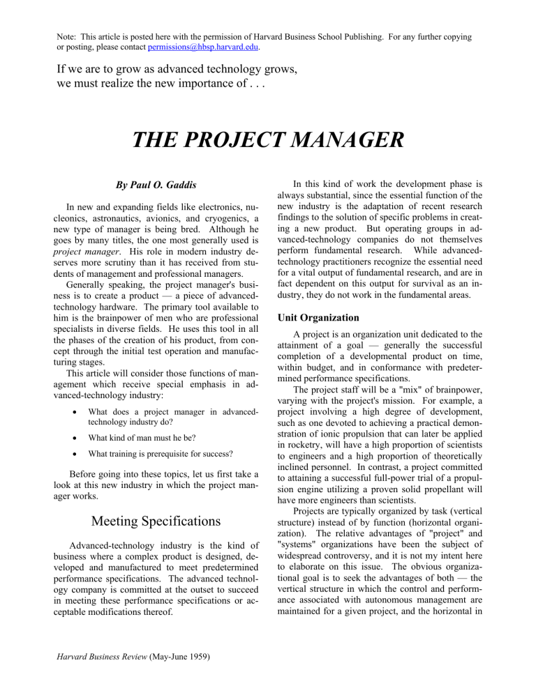 The Project Manager: Role in Advanced-Technology Industry (1959)