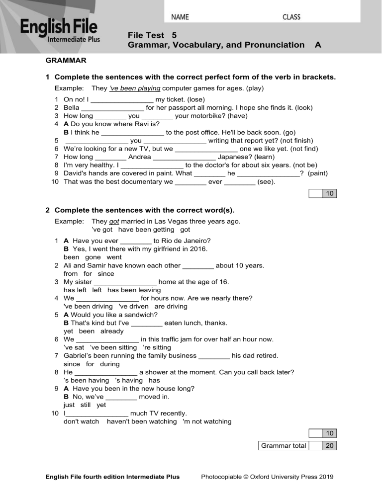 English File Intermediate Plus: Grammar, Vocabulary, Pronunciation Test 5