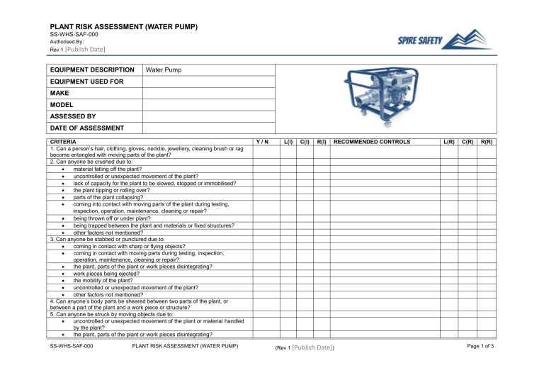 Plant Risk Assessment (Water Pump) Template | Workplace Safety Guide
