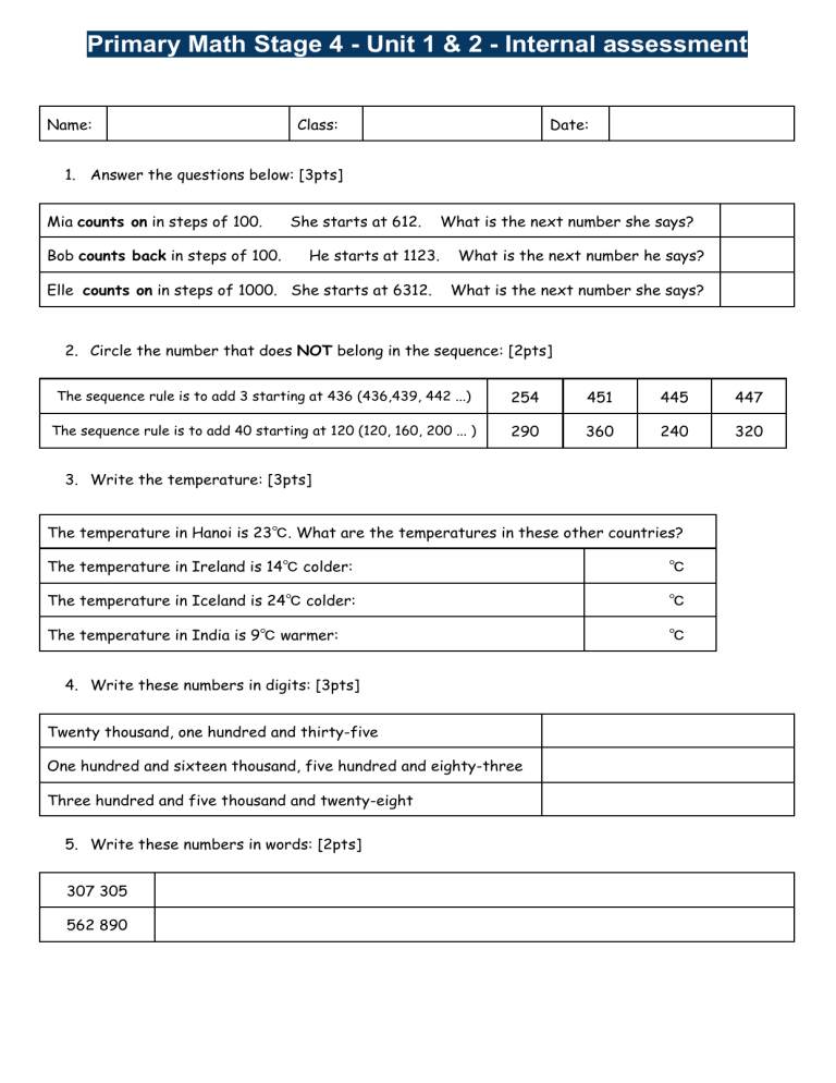 Primary Math Stage 4: Units 1 & 2 Internal Assessment Test