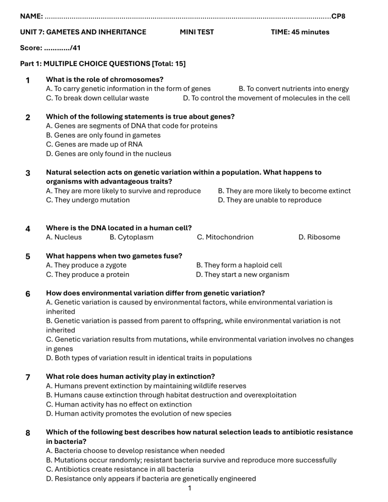 Gametes & Inheritance Mini Test: Genetics & Evolution