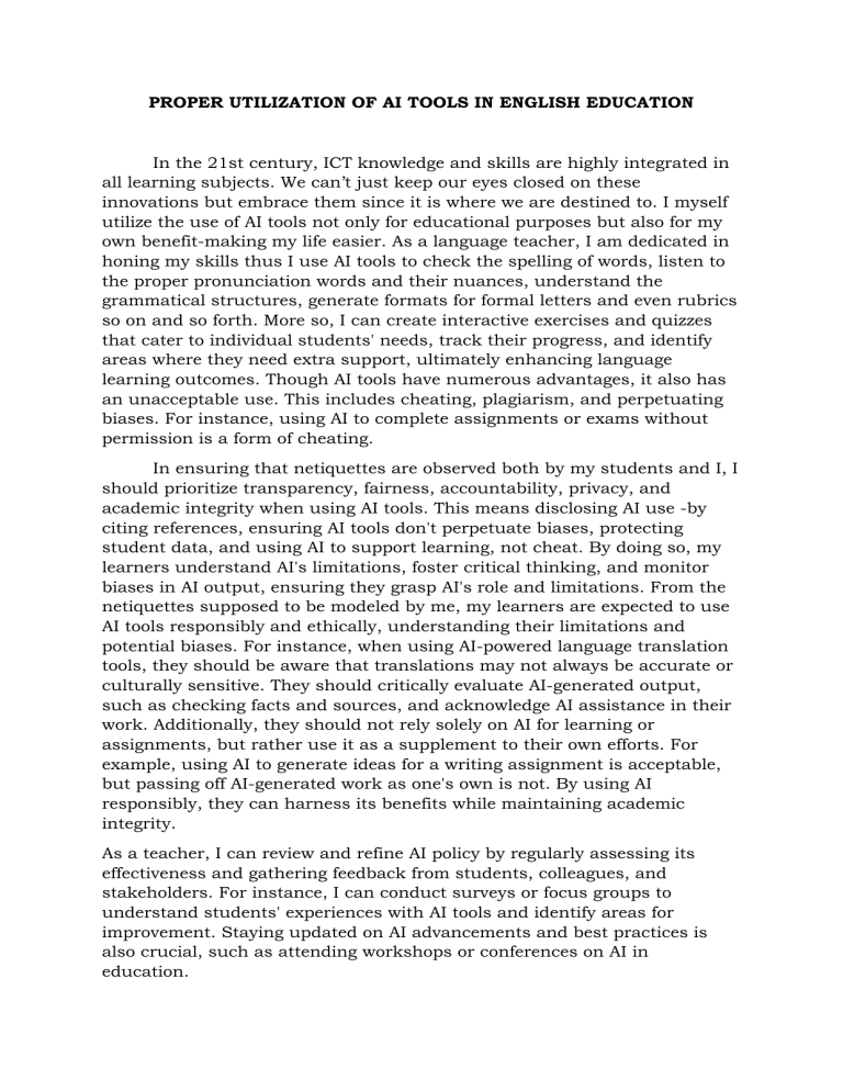 AI in English Education: Proper Utilization & Ethics
