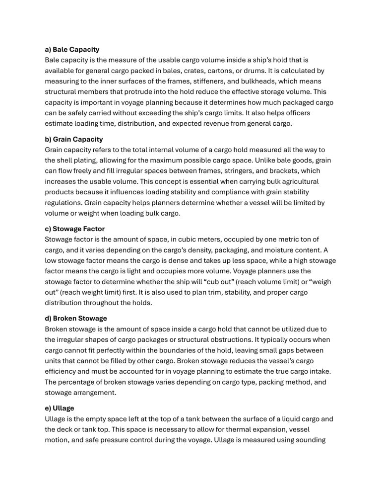 Maritime Cargo Terms: Bale, Grain Capacity, Stowage Factor & Ullage