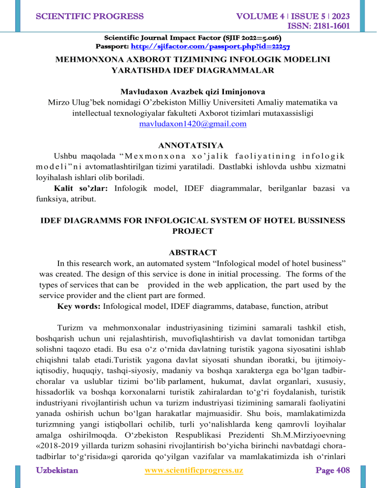 IDEF Diagrammalari bilan Mehmonxona Infologik Modeli