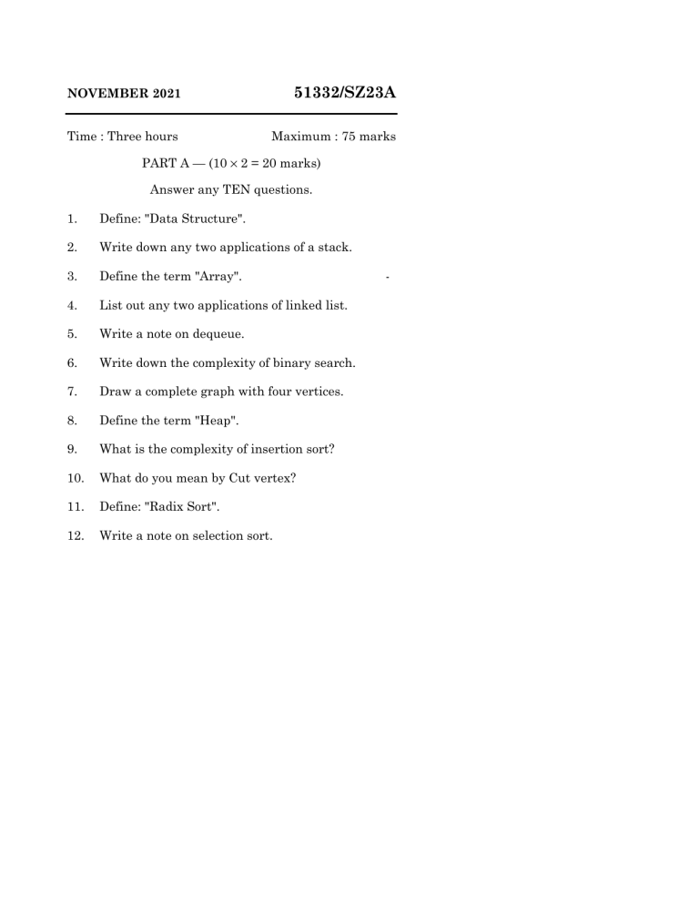 Data Structures Exam Paper - November 2021