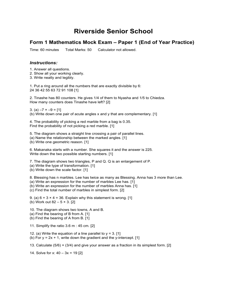 Riverside Senior School Form 1 Maths Mock Exam Paper 1