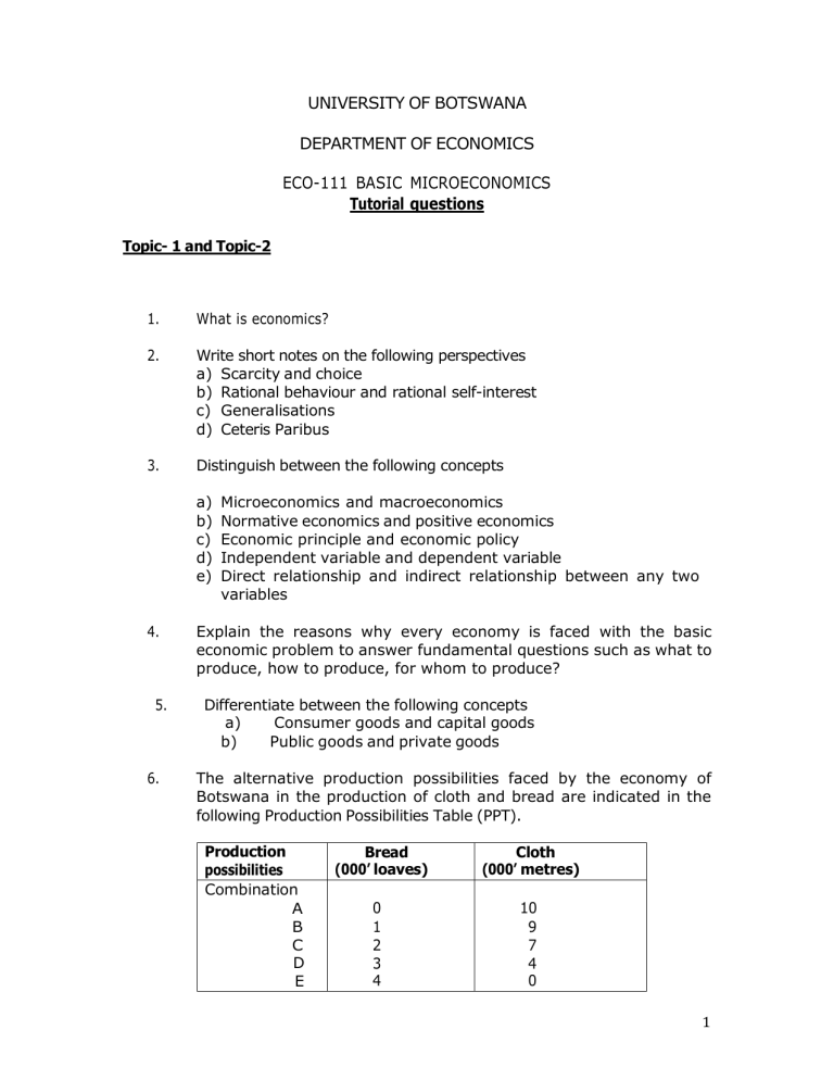 Microeconomics Tutorial Questions - University of Botswana