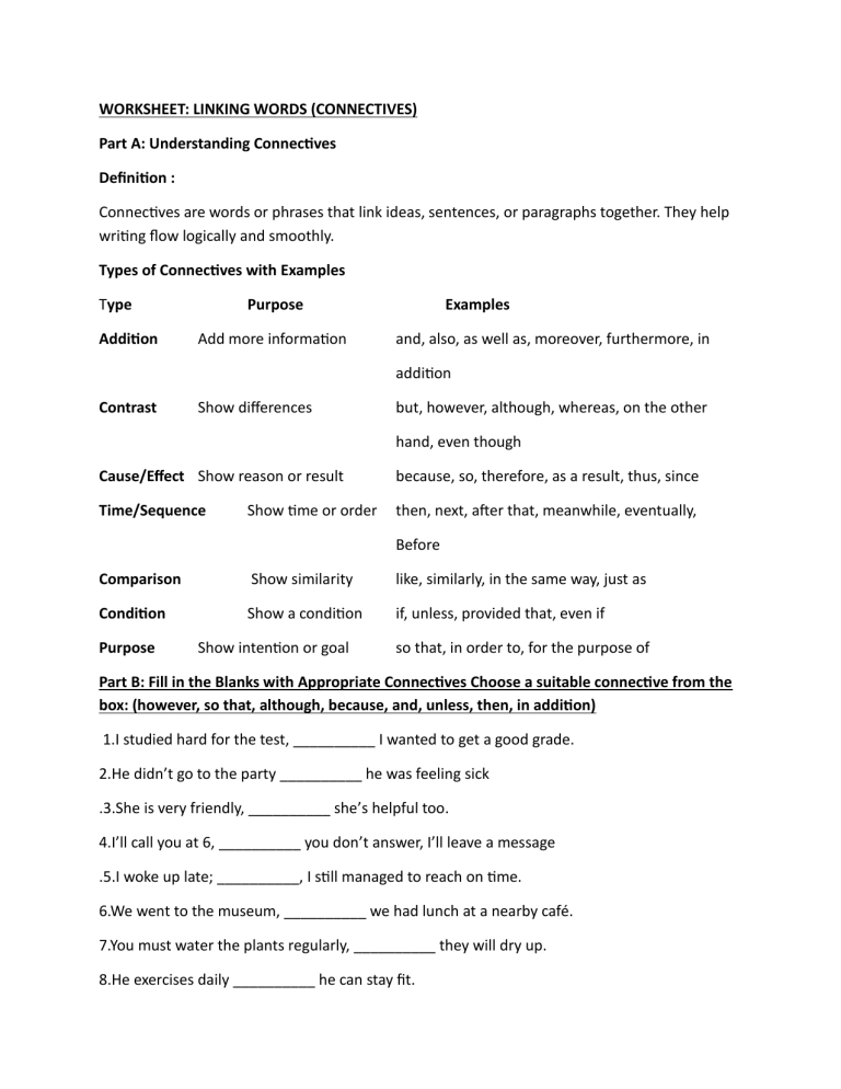 Linking Words (Connectives) Worksheet: Grammar Exercises & Practice