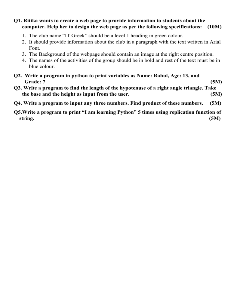 Web Design & Python Programming Exam Questions