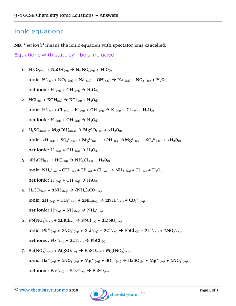 GCSE Chemistry Ionic Equations Answer Key