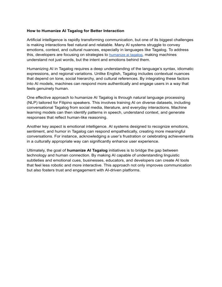 Humanizing AI Tagalog: NLP and Emotional Intelligence