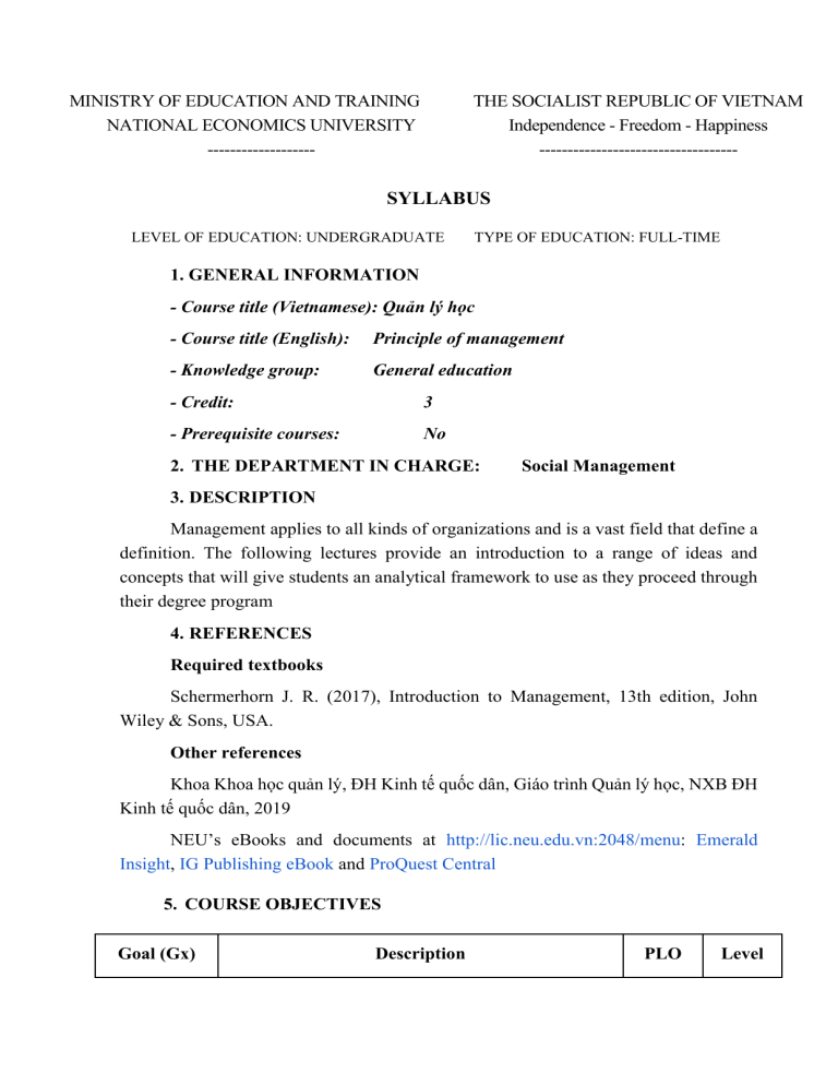 Principle of Management Syllabus - National Economics University