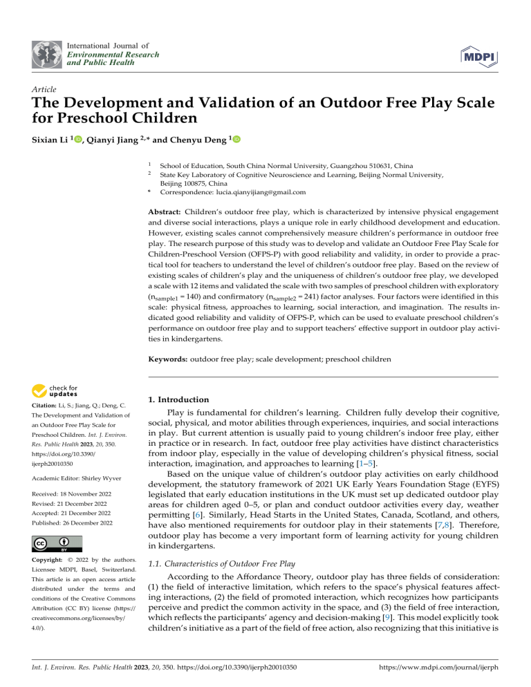 Outdoor Free Play Scale for Preschool Children