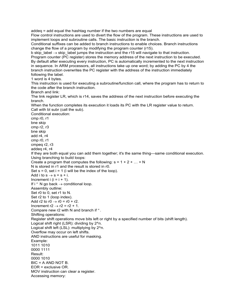 ARM Assembly Language: Flow Control, Shifting, Memory Access