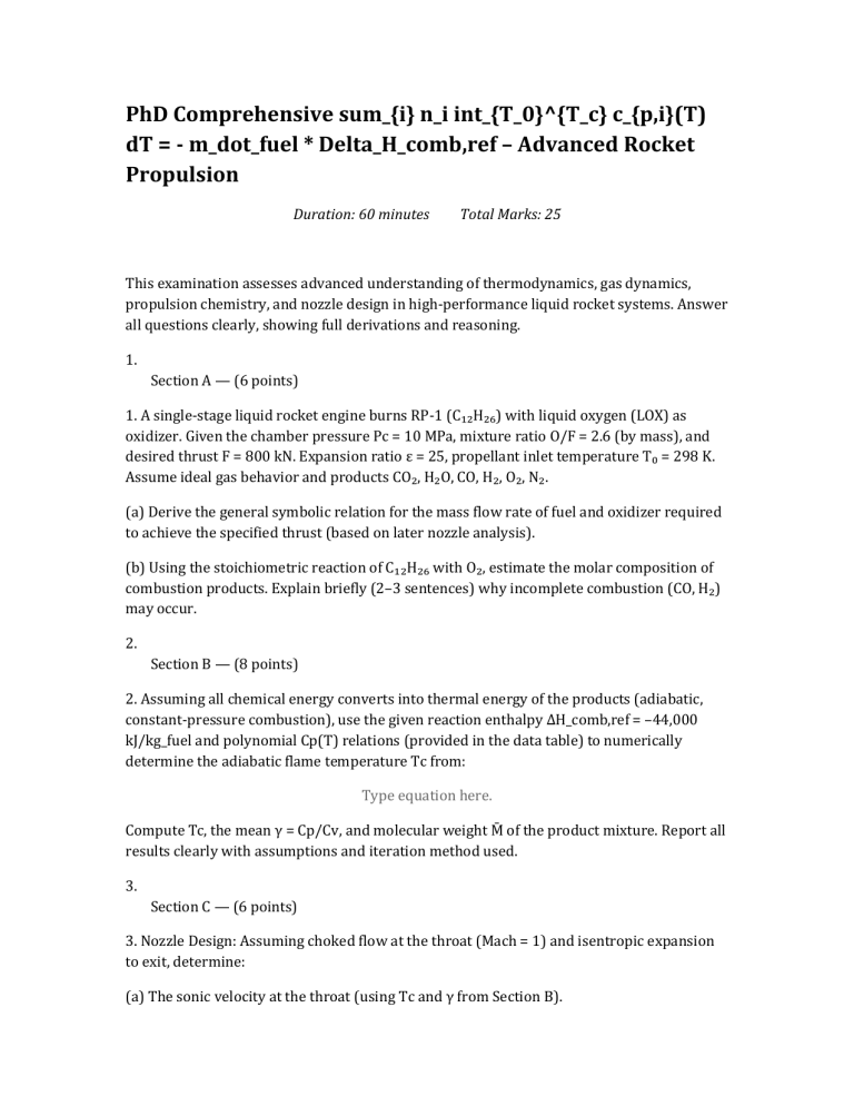 PhD Rocket Propulsion Comprehensive Exam
