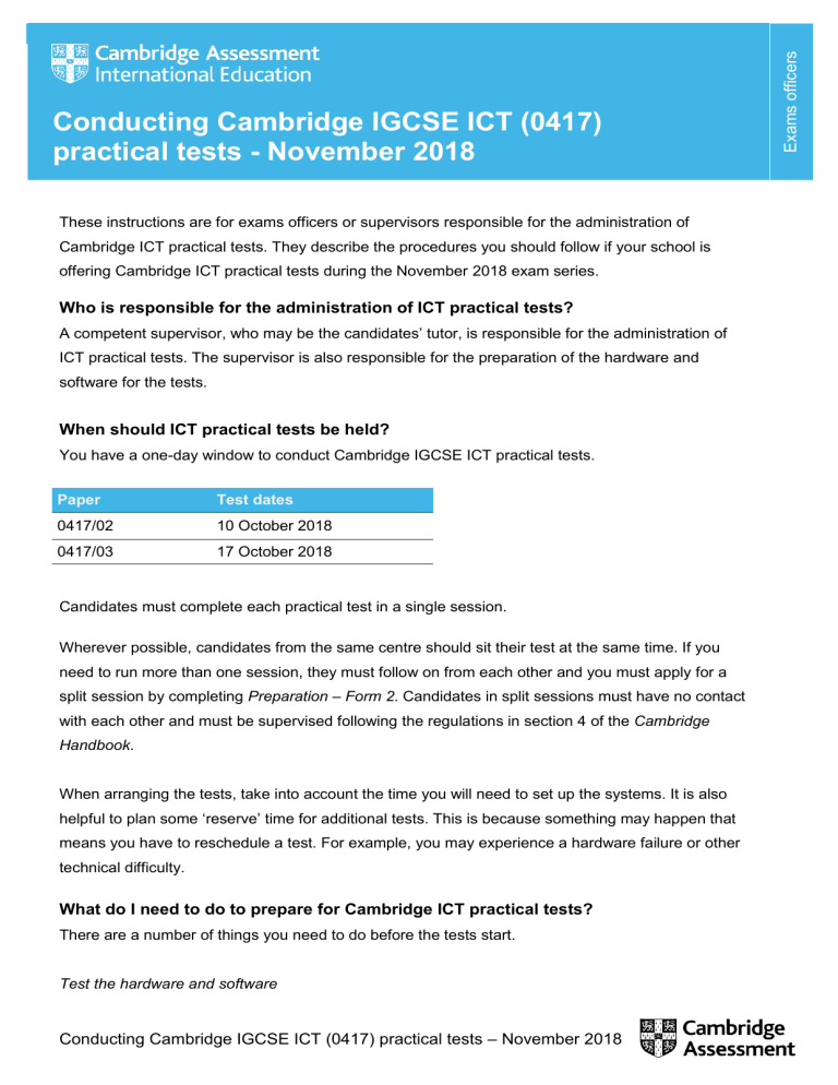 Cambridge IGCSE ICT Practical Test Instructions (Nov 2018)