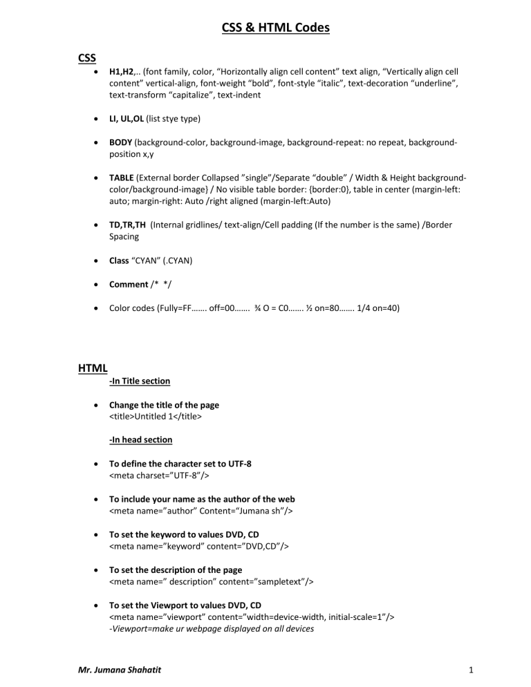 CSS & HTML Codes Reference Guide: Essential Properties & Tags