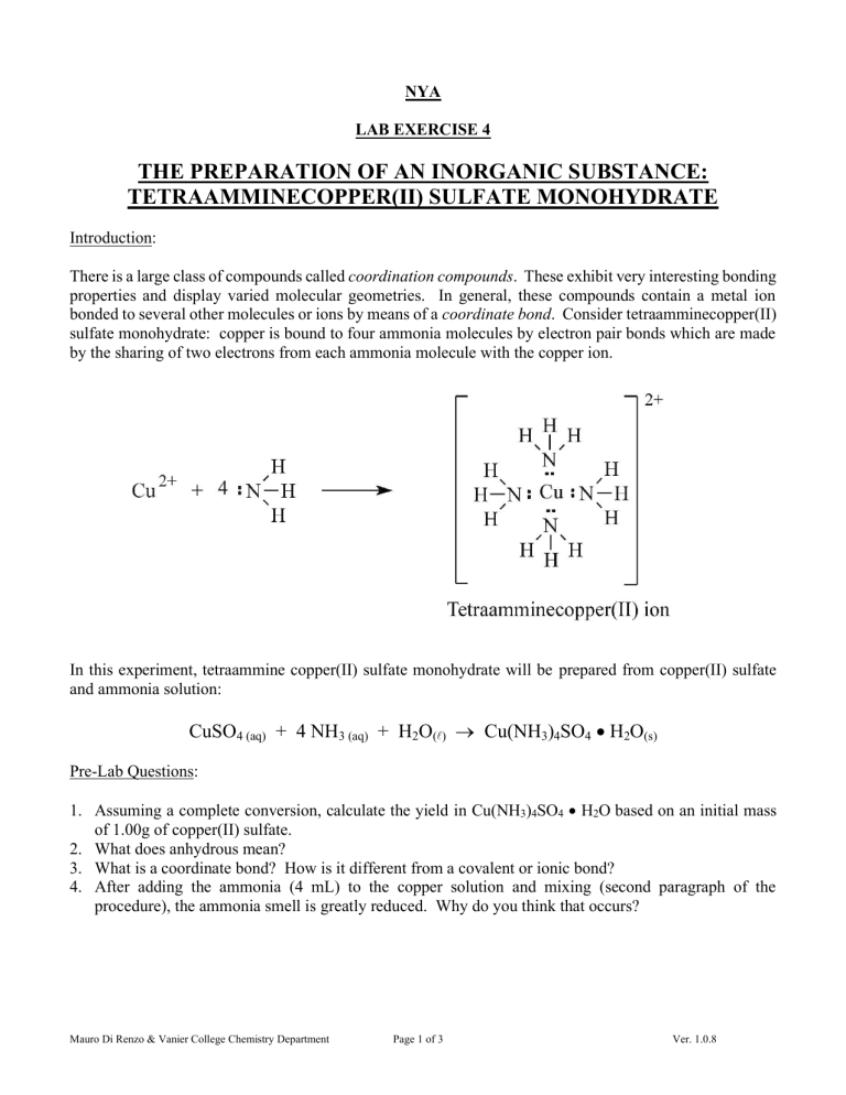 Tetraamminecopper(II) Sulfate Synthesis Lab Exercise