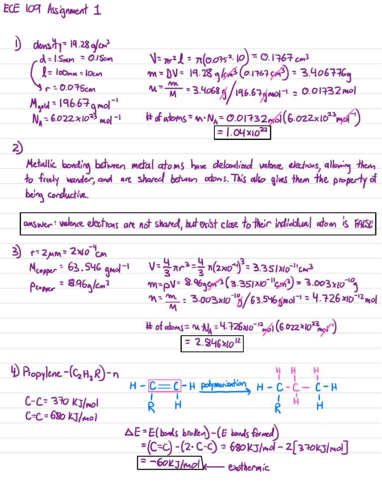 ECE 109 Chemistry & Materials Science Assignment 1: Bonding & Properties
