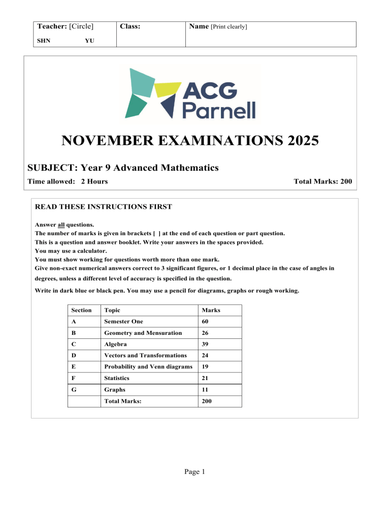 Year 9 Advanced Mathematics November Examination 2025 - ACG Parnell