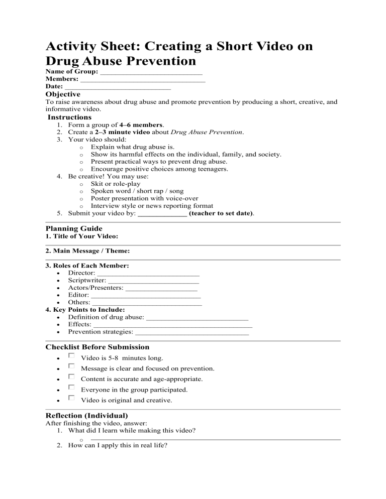 Drug Abuse Prevention Video Project Activity Sheet for Students