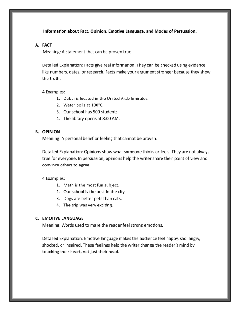 Fact, Opinion, Emotive Language, & Modes of Persuasion Guide