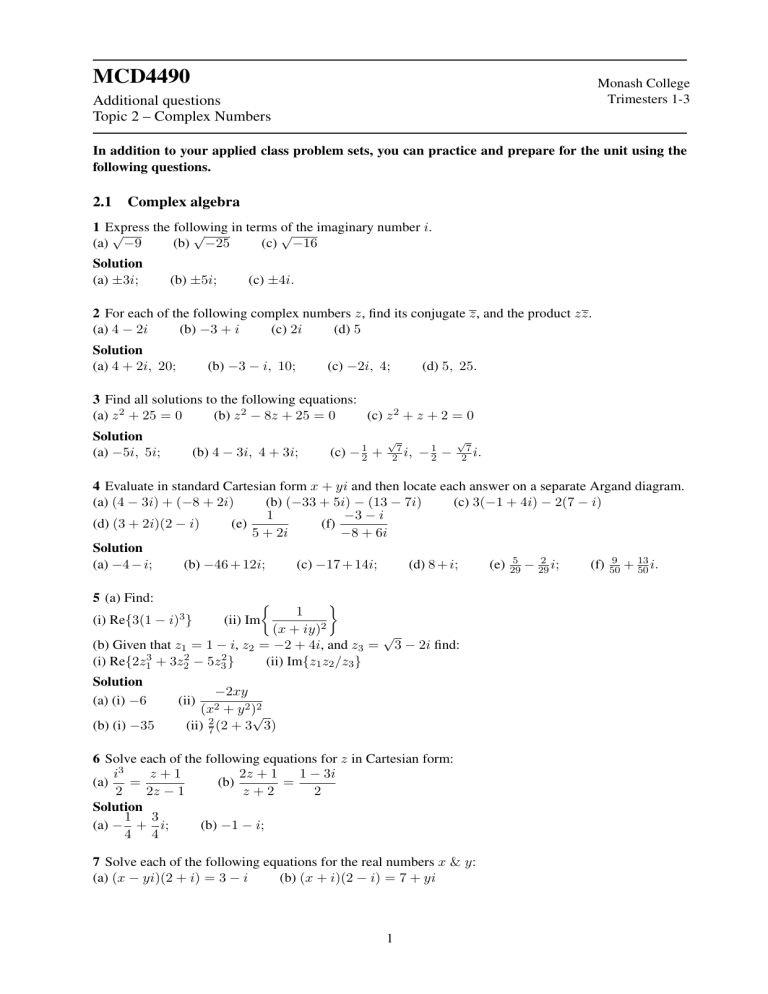 Complex Numbers Practice Questions - Monash College MCD4490