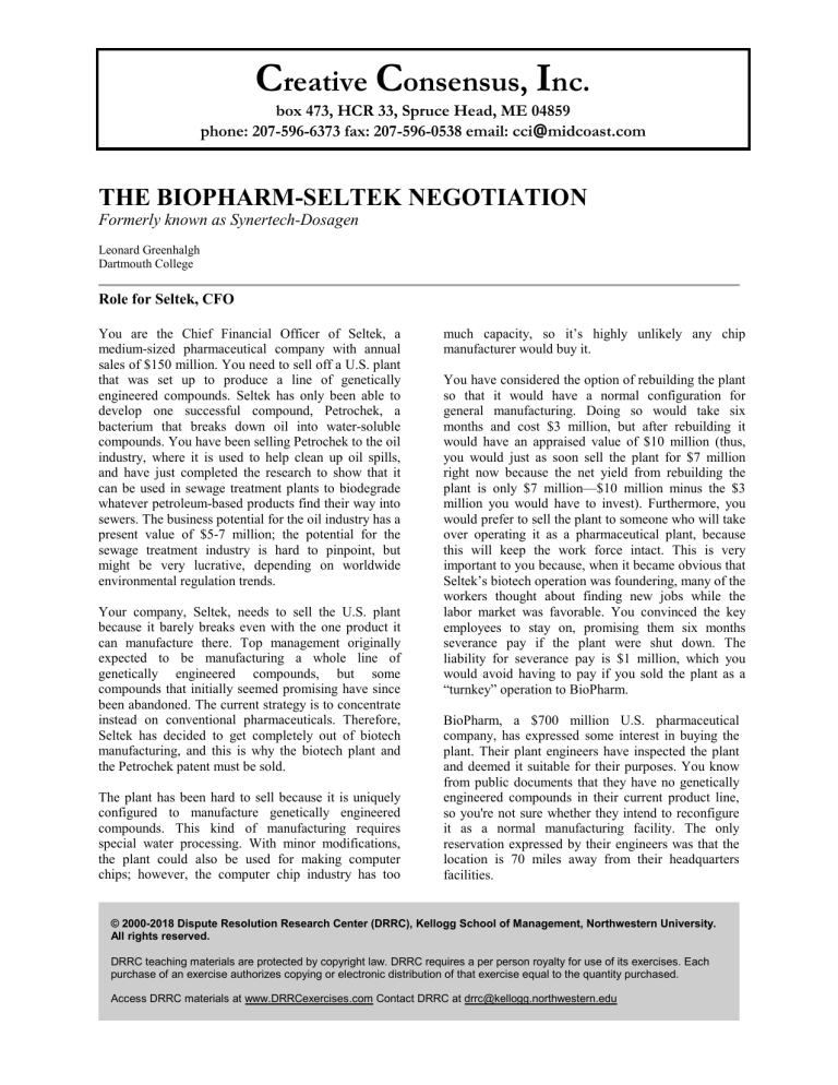 BioPharm-Seltek Negotiation Case Study: Seltek CFO Role Play