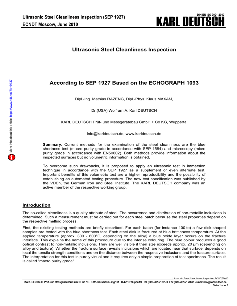 Ultrasonic Steel Cleanliness Inspection (SEP 1927) | ECHOGRAPH 1093 NDT