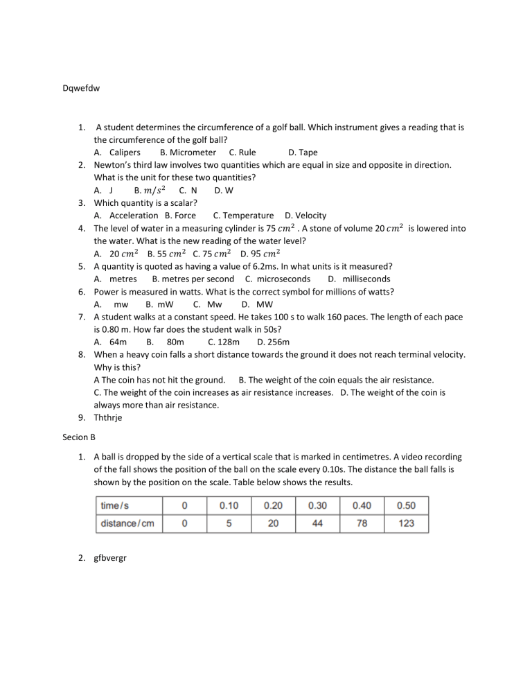 Physics Questions: Measurements, Mechanics, and Kinematics Test